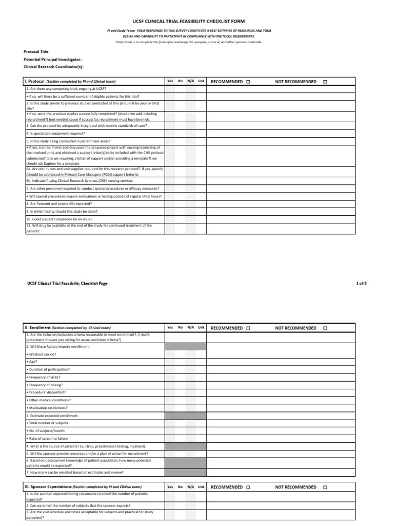 UCSF Clinical Trial Feasibility Checklist | PDF | Patient | Medical Imaging