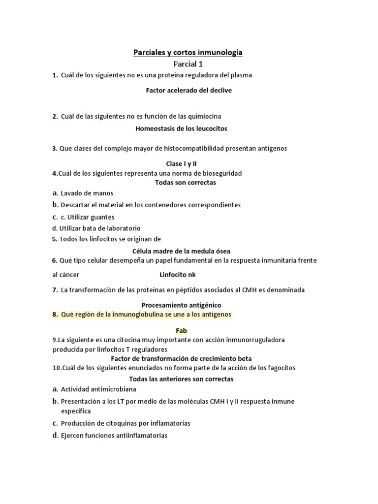 Inmunología parciales cortos | PDF | Linfocitos | Sistema inmune