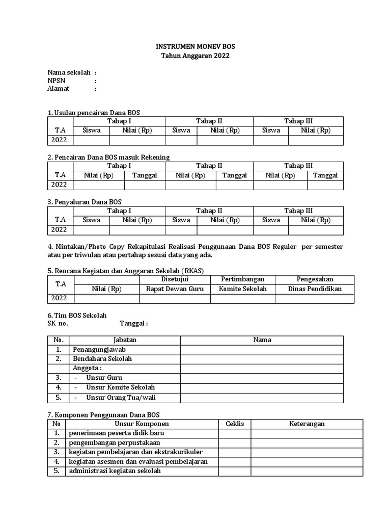 Draft Instrumen Monev Bos 2022 | PDF | Pengelolaan Keuangan & Uang