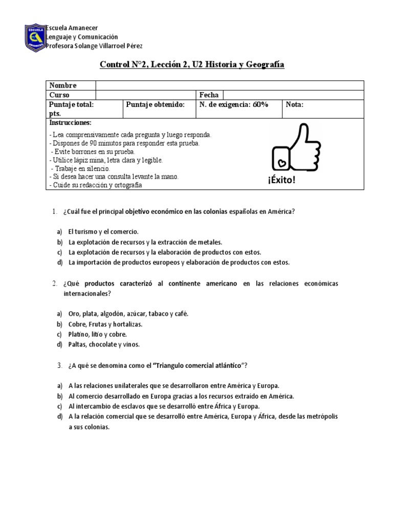8º U2 Control 2 Historia | PDF | Viajes y turismo
