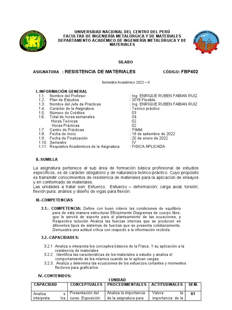 SíLABO RESISTENCIA DE MATERIALES 2022-II | PDF | Doblar | Fuerza