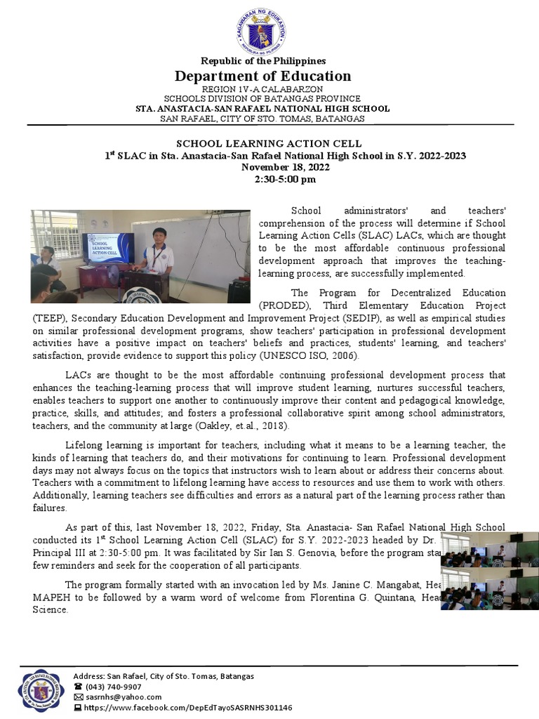 SLAC Narrative Report 2022-2023 | PDF | Teachers | Learning