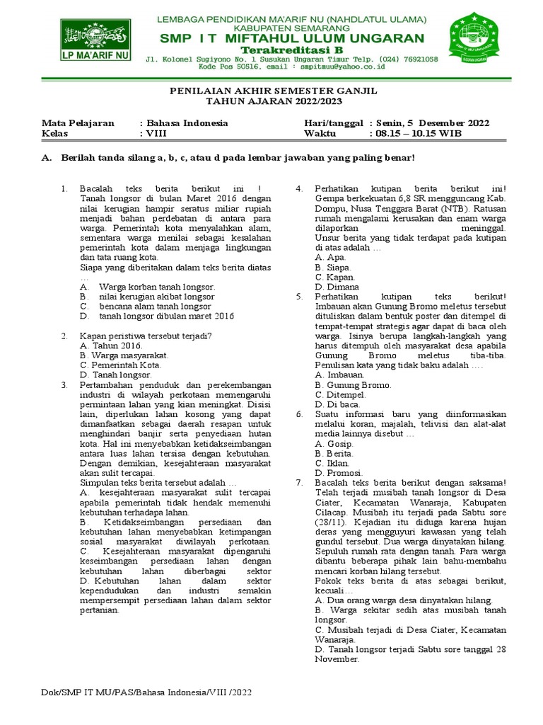 Soal Bahasa Indonesia Kelas VIII 2022 | PDF