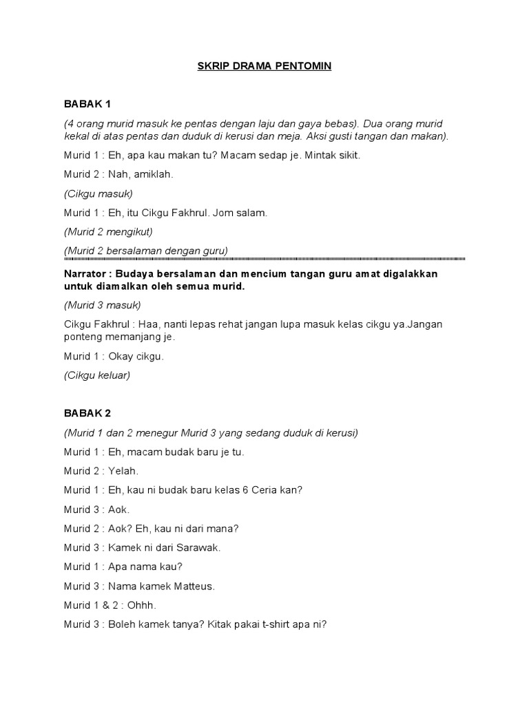 Skrip Drama Pentomin KRMJ | PDF | Seni & Disiplin Bahasa