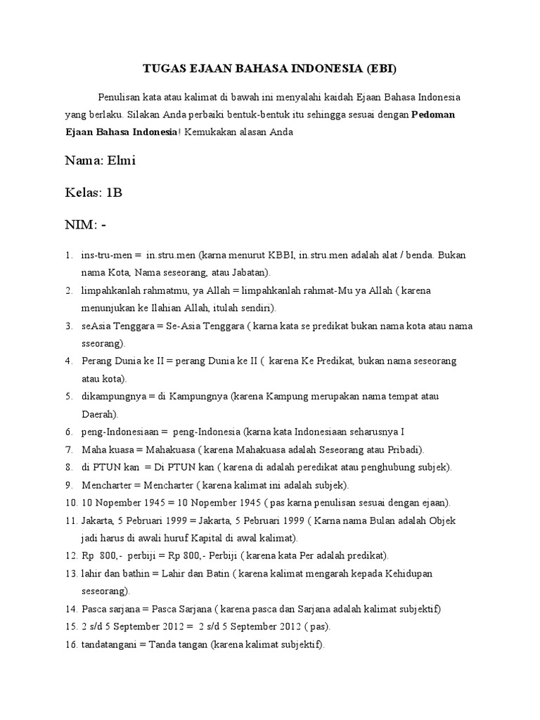 Tugas Ejaan Bahasa Indonesia (Ebi) | PDF | Seni & Disiplin Bahasa | Agama & Spiritualitas