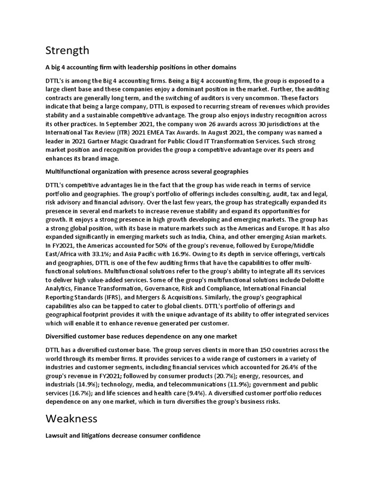 SWOT Deloitte | PDF | Financial Audit | Accounting