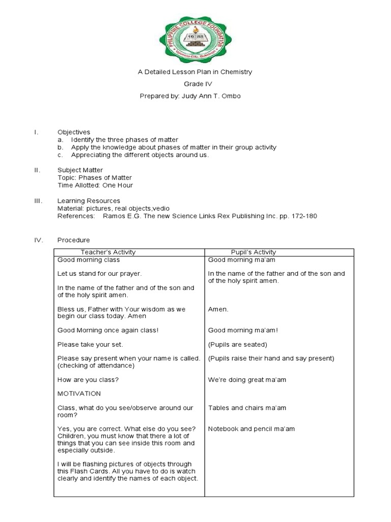 Grade IV Chemistry Lesson Plan: Phases of Matter | PDF | Matter | Liquids