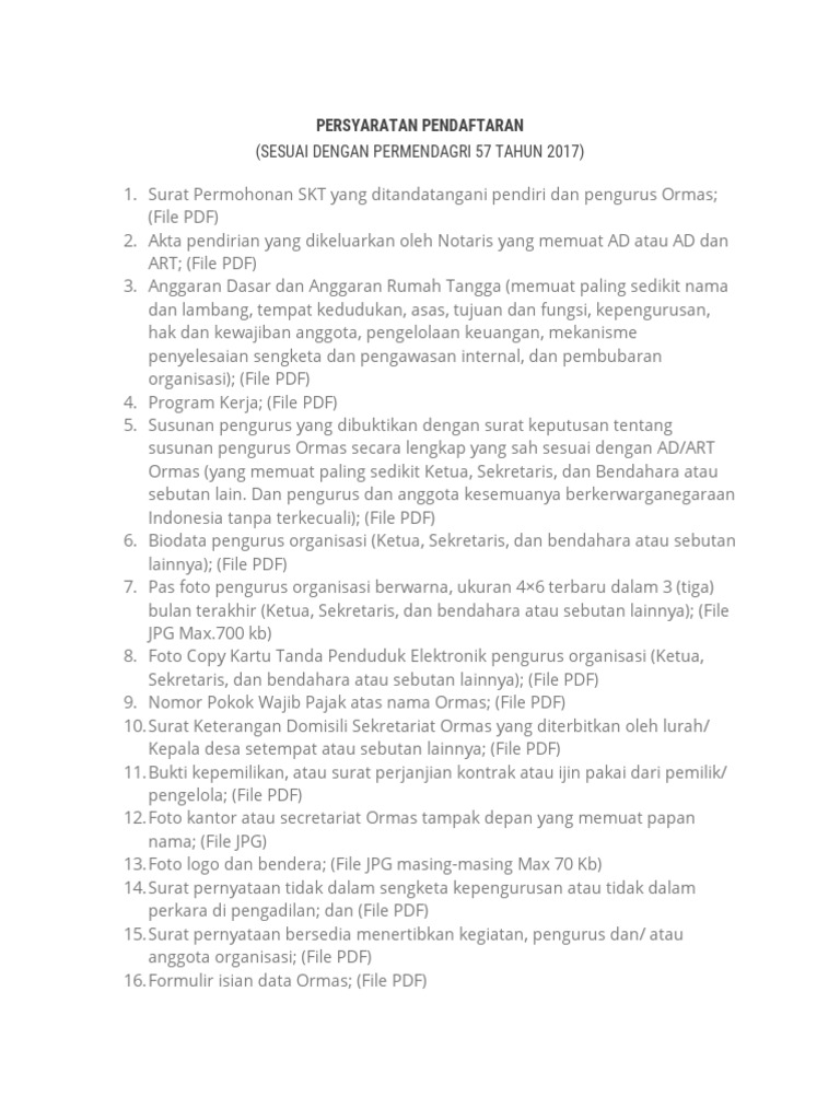 Persyaratan Pendaftaran Ormas 2017 | PDF | Hukum