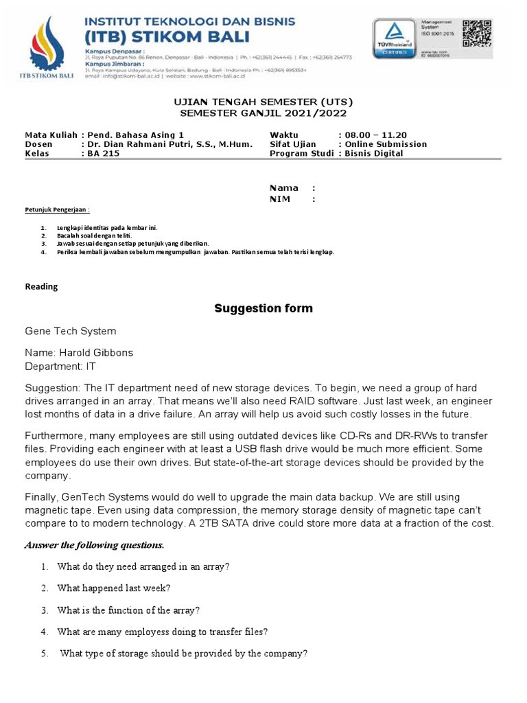 2021.11.26 UTS Pend. Bahasa Inggris I BA211 BD | PDF | Computer Data ...