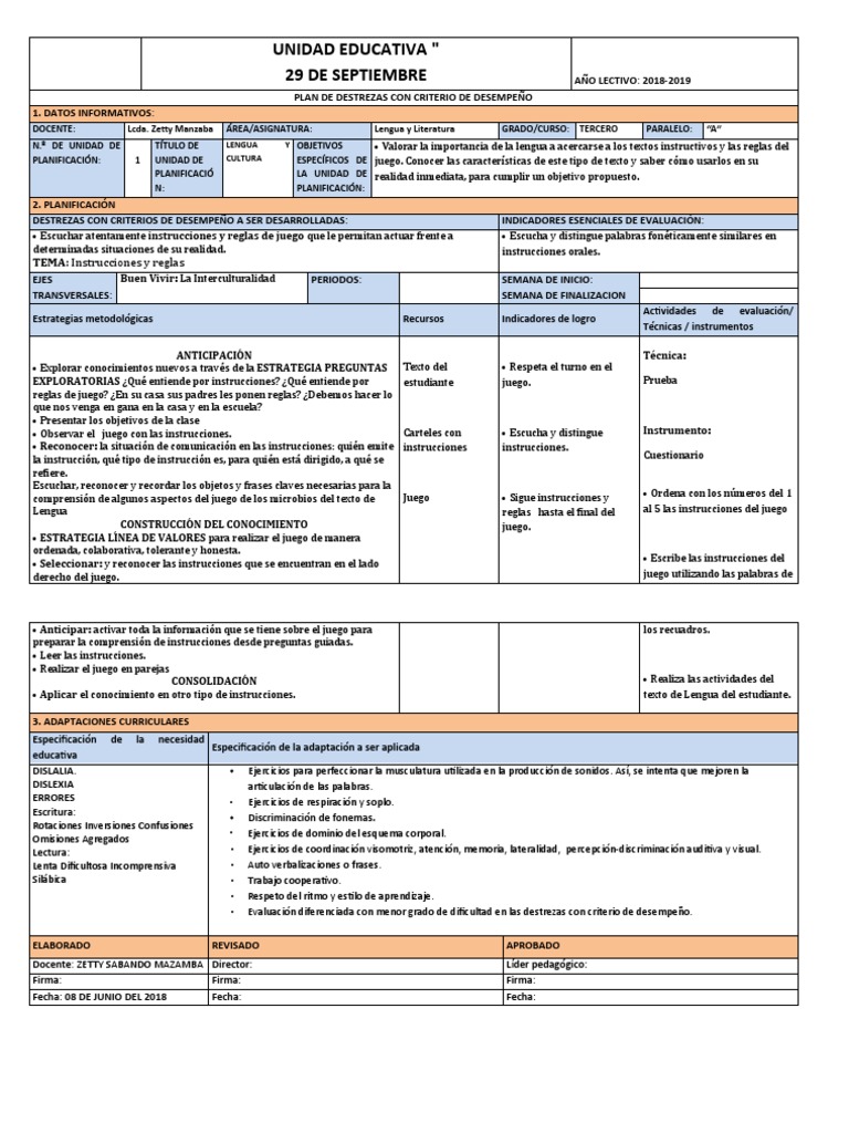 1 Plan de Destrezas Lengua y Literatura | PDF | Evaluación | Planificación