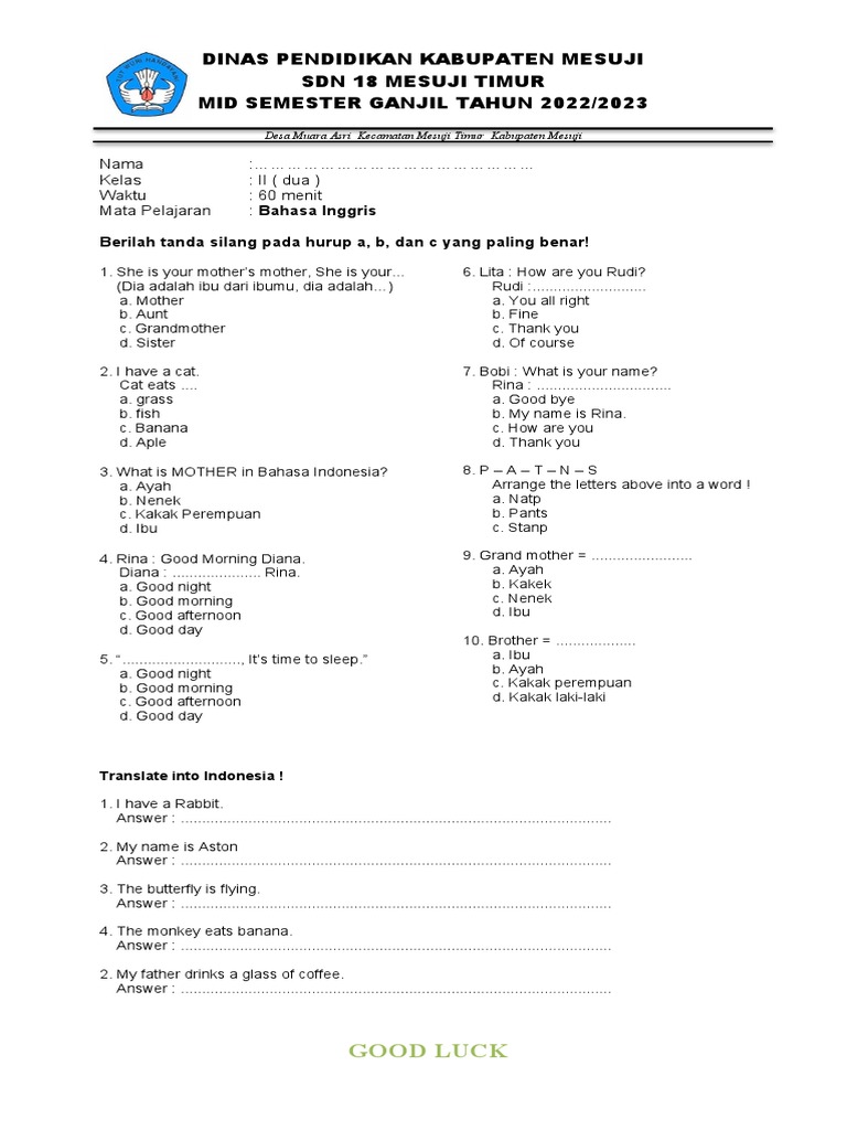 Mid B.inggris Kelas 2 | PDF