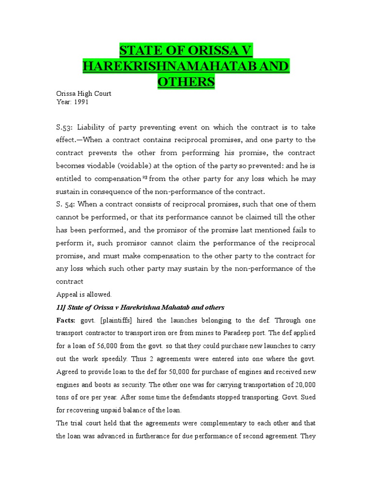 Orissa v Harekrishna Mahatab: Contract Dispute | PDF | Lawsuit | Loans
