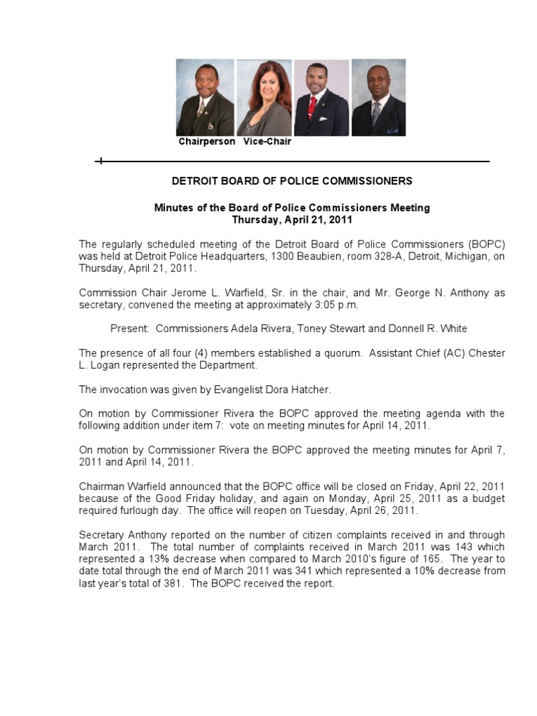 Detroit Police Board Meeting 4/21/11 | PDF | Police Officer | Police
