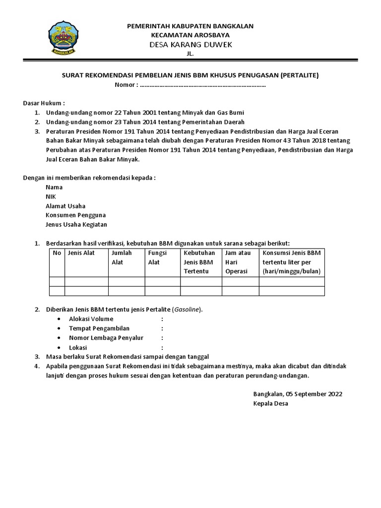 Surat Rekomendasi BBM | PDF