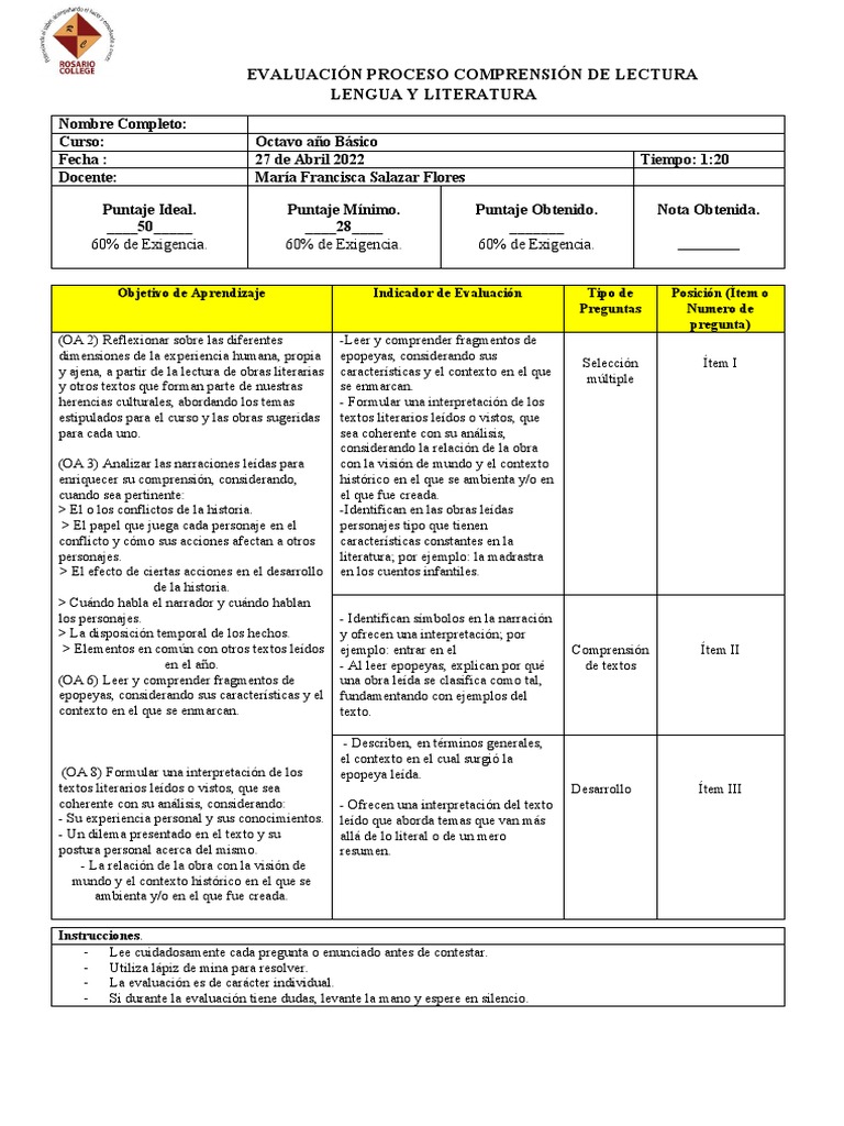 Evaluación de Comprensión Lectora Epopeyas | PDF | Poesía épica | Poesía
