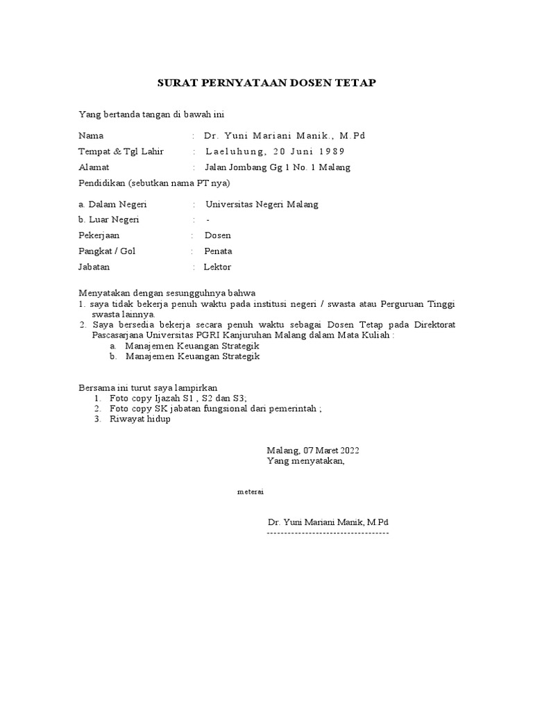 SURAT PERNYATAAN DOSEN TETAP Versi DIKTI NIDN | PDF SURAT PERNYATAAN DOSEN TETAP Versi DIKTI NIDN | PDF