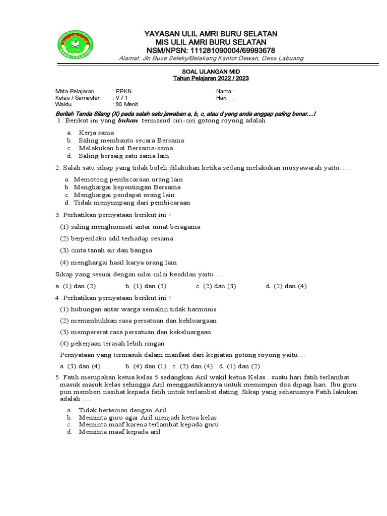 SOAL UTS PPKN Kelas 5 | PDF