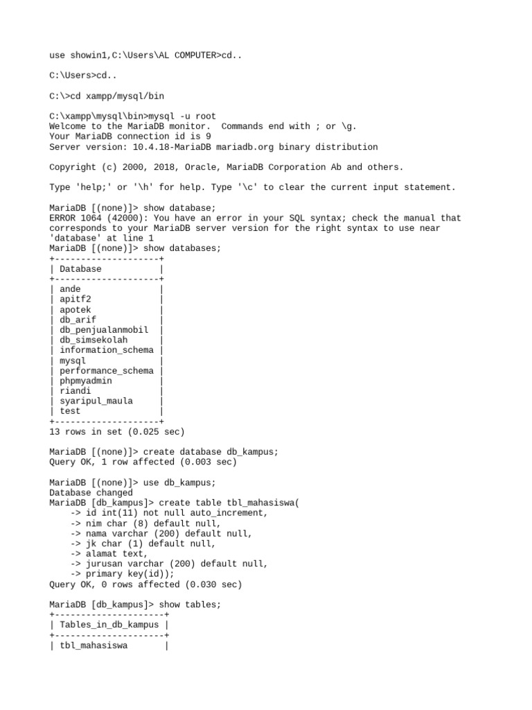 Membuat Database Menggunakan CMD | PDF | My Sql | Databases