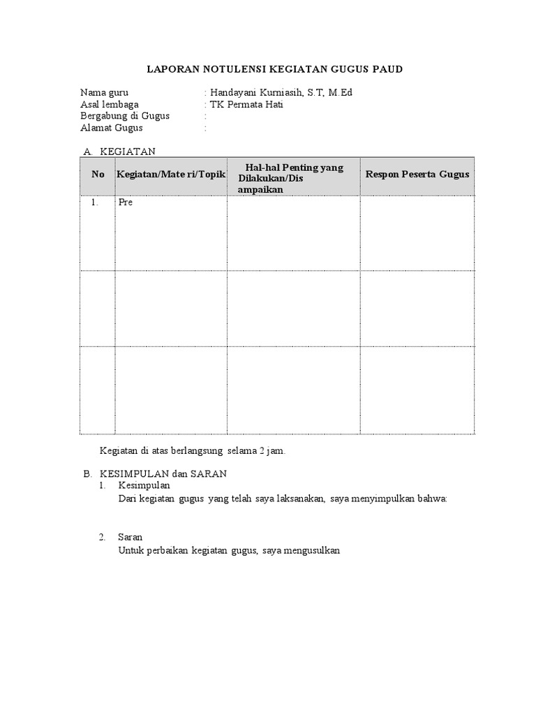 Laporan Notulensi Kegiatan Gugus Paud | PDF