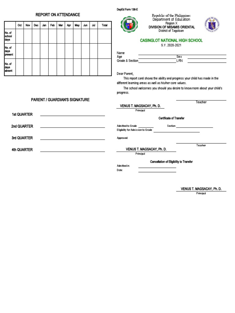 DEPED FORM 138 Jhs | PDF | Learning | Psychology