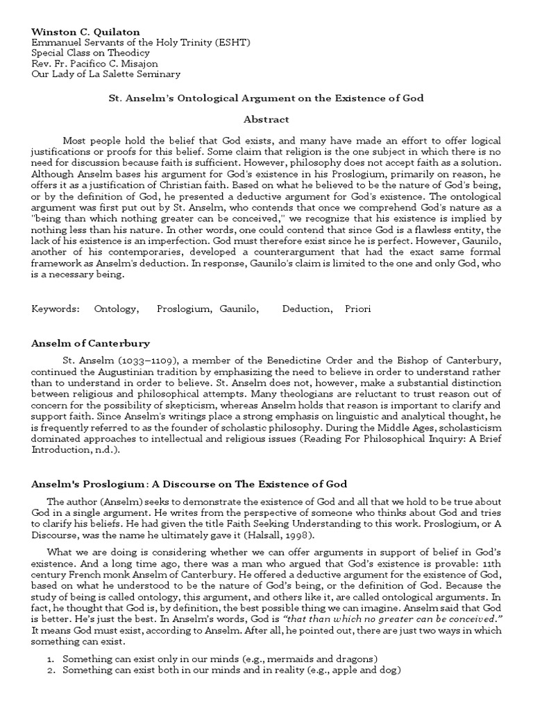 St. Anselm's Ontological Argument On The Existence of God | PDF ...