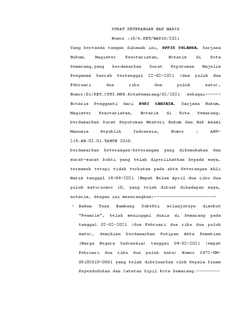 Surat Keterangan Hak Waris Harta Campur Oppie | PDF