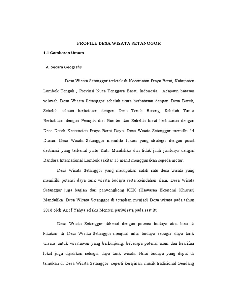 Frofile Desa Wisata Setanggor (Argument Pokdarwis) | PDF | Perjalanan