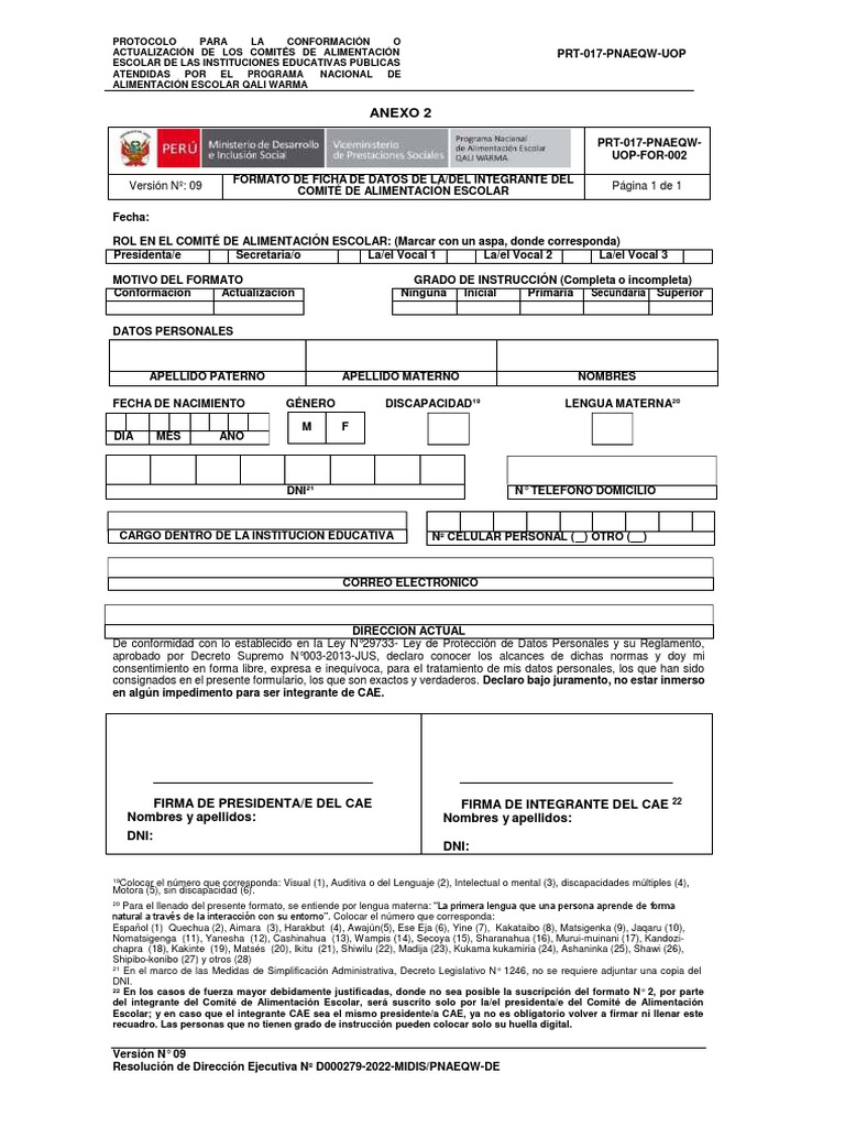 ANEXO 2 - Formato Ficha de Datos Del Integrante CAE - V9 | PDF