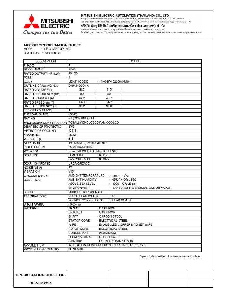 Motor Specification Sheet: SS-N-3128-A | PDF | Electric Motor | Physical Quantities
