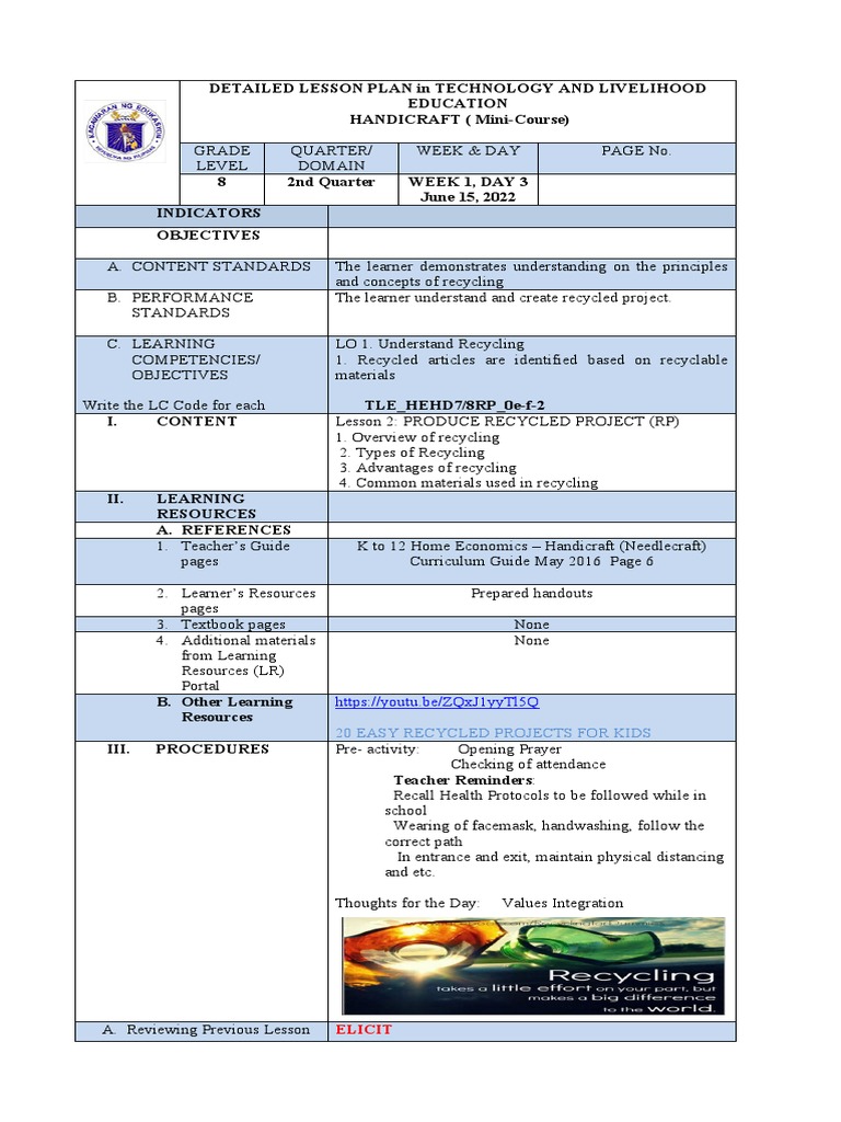 Detailed Lesson Plan in Technology and Livelihood Education HANDICRAFT ...