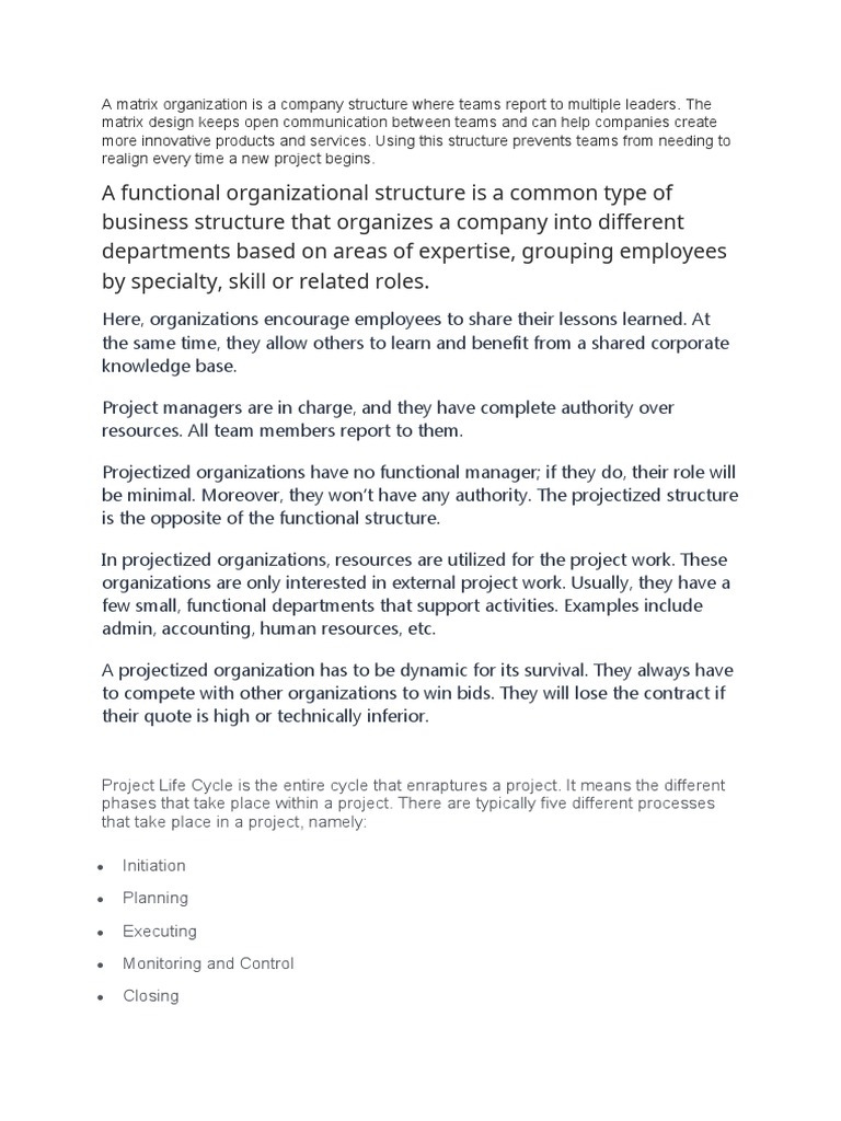 An Analysis of Organizational Structures for Projects: Comparing Matrix ...