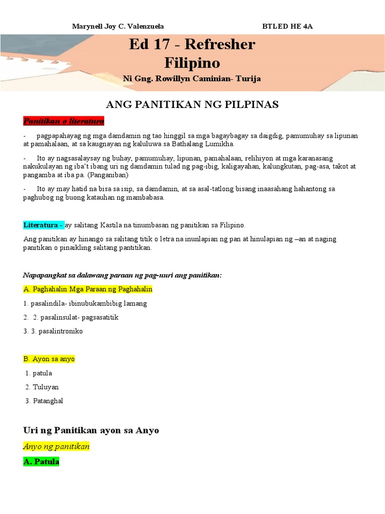 ED 17 - Notes - Filipino | PDF