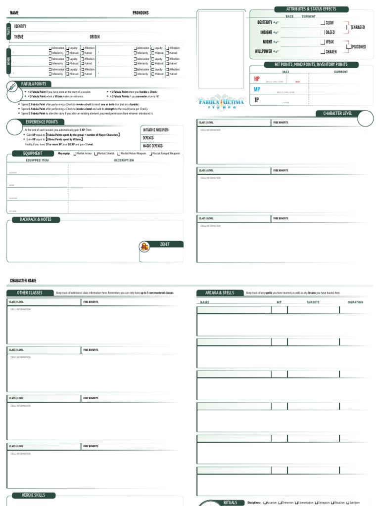 Fabula Ultima Character Sheet | PDF