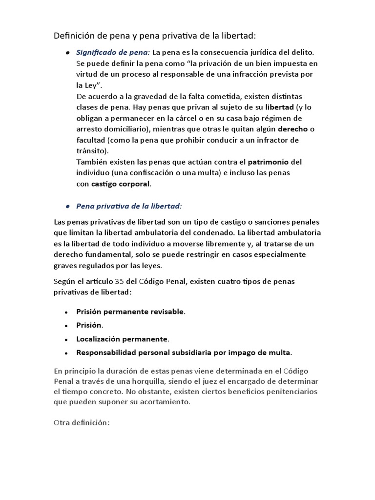 Definición de Pena y Pena Privativa de La Libertad | PDF