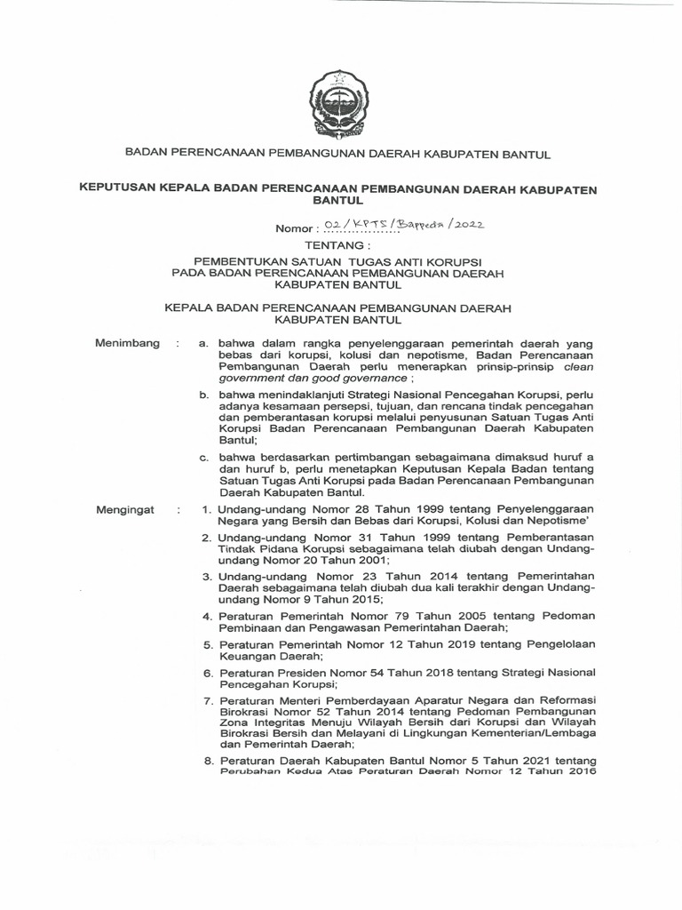 SK Bappeda Bantul Nomor 02 Tahun 2022 Tentang Pembentukan Satuan Tugas ...