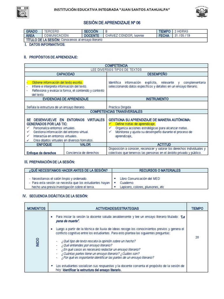 SESIÓN 3RO 2019... Ensayo Literario (Estructura) | PDF | Ensayos ...