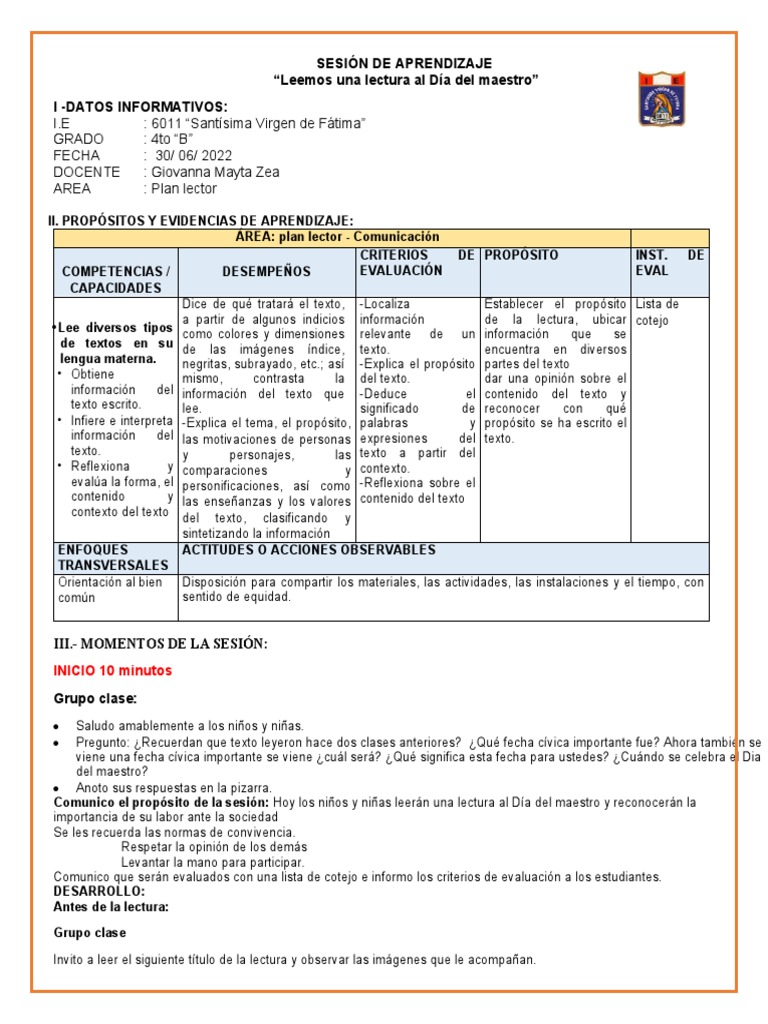 01-07 PLAN LECTOR 4 GRADO Mikadocx | PDF | Aprendizaje | Evaluación