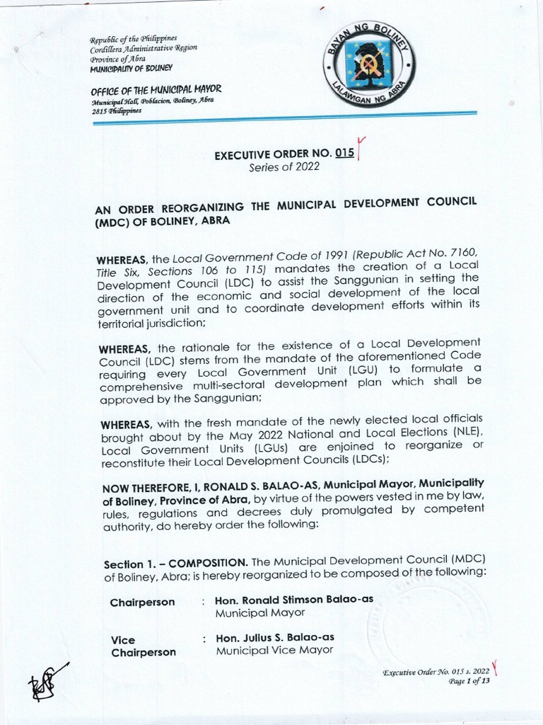 Executive Order No. 015 S. 2022 - An Order Reorganizing The Municipal ...