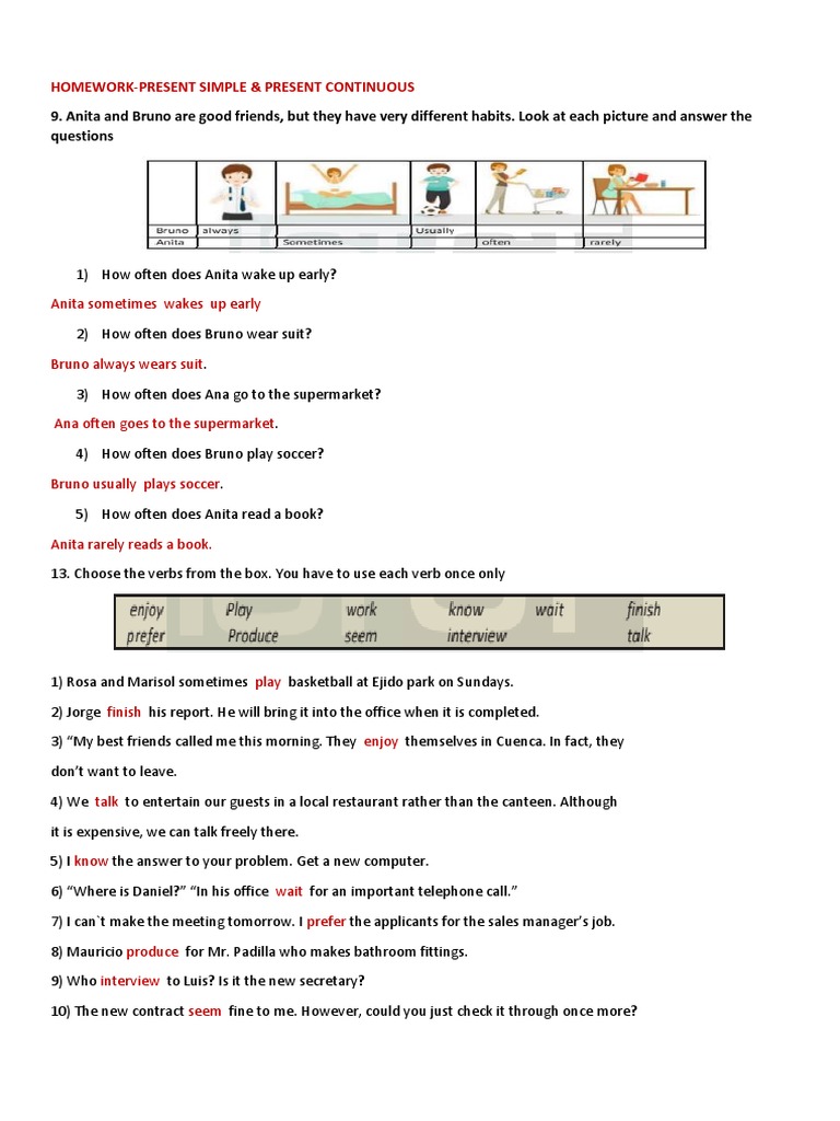 Present Simple vs. Continuous Homework | PDF