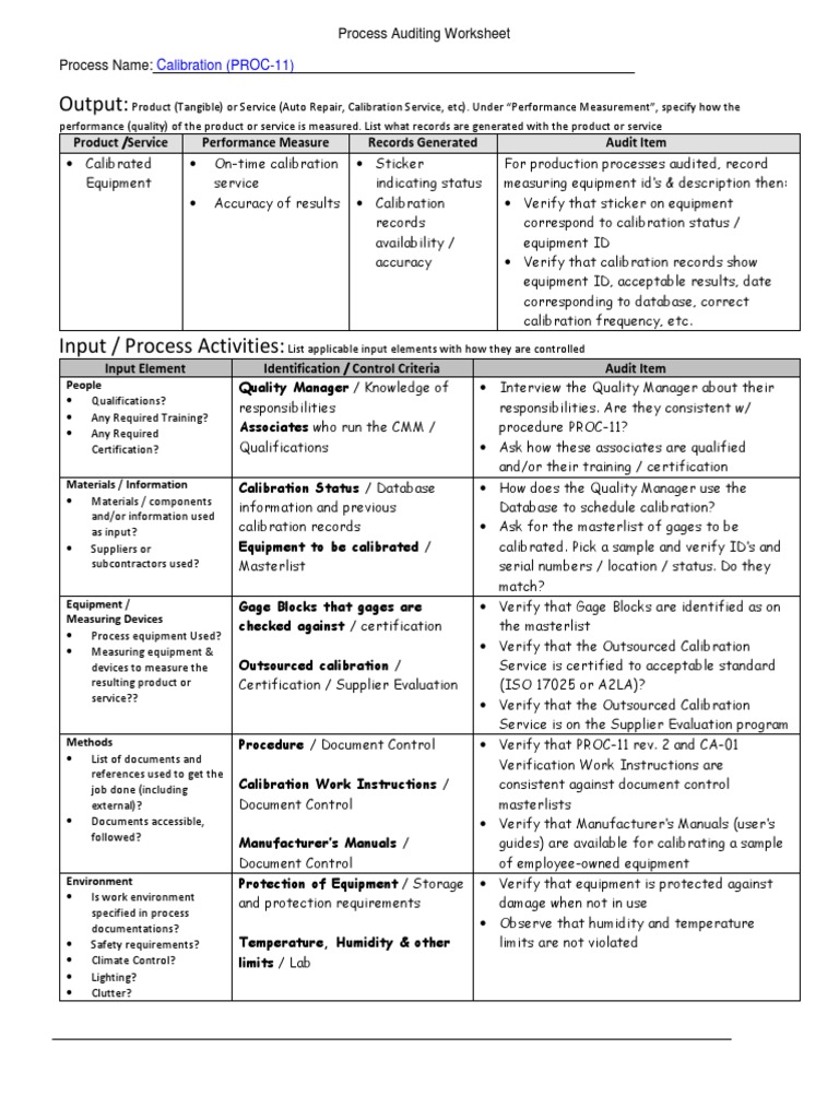 Calibration Process Audit Example Pdf Calibration Audit