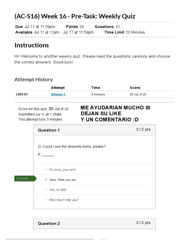 Ac s16 Week 16 Pre Task Weekly Quiz Ingles II - Compress | PDF | Food ...