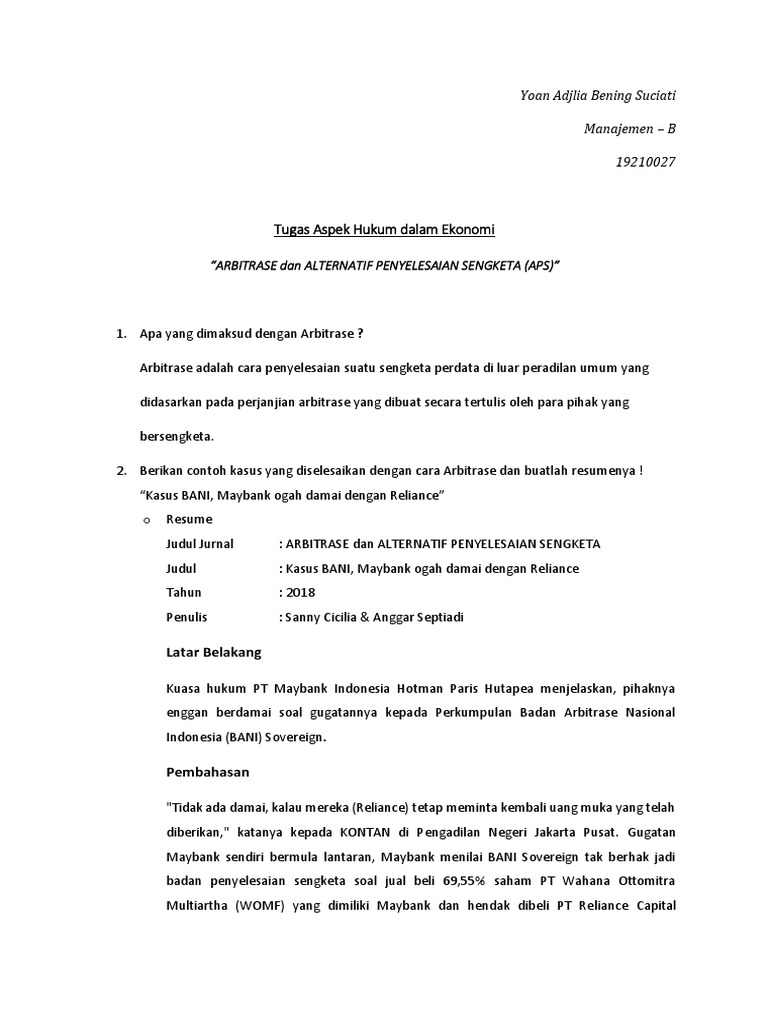 ARBITRASE Dan ALTERNATIF PENYELESAIAN SENGKETA (APS) | PDF