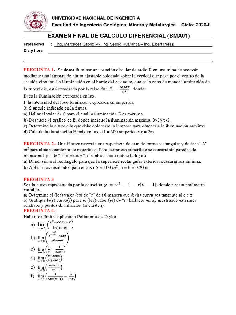 2020-I-Examen Final de Calculo | PDF | Curva | Geometría