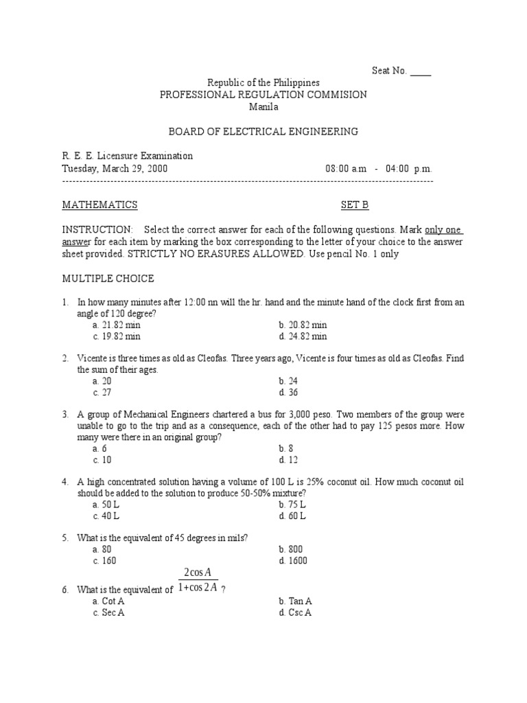 March 2000 EE Board Exam MATH12 | PDF