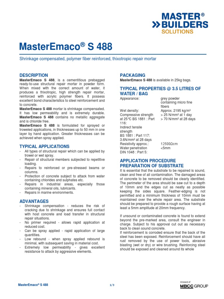 Masteremaco S 488 - Tds | PDF | Concrete | Cement