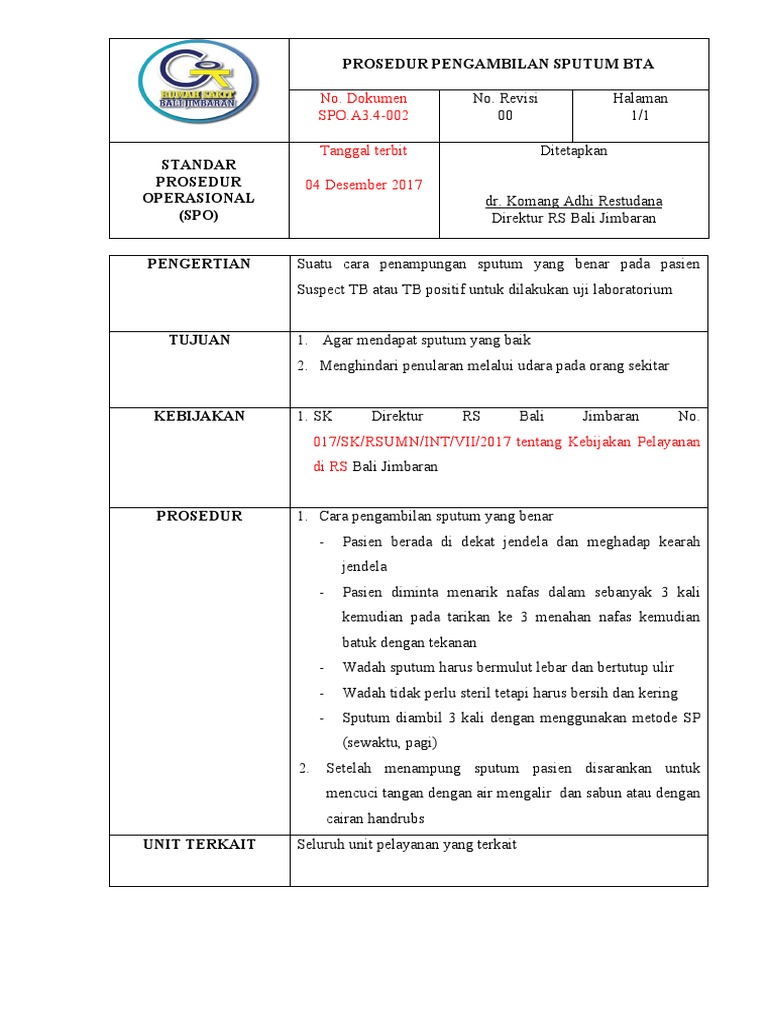 Prosedur Pengambilan Sputum BTA | PDF