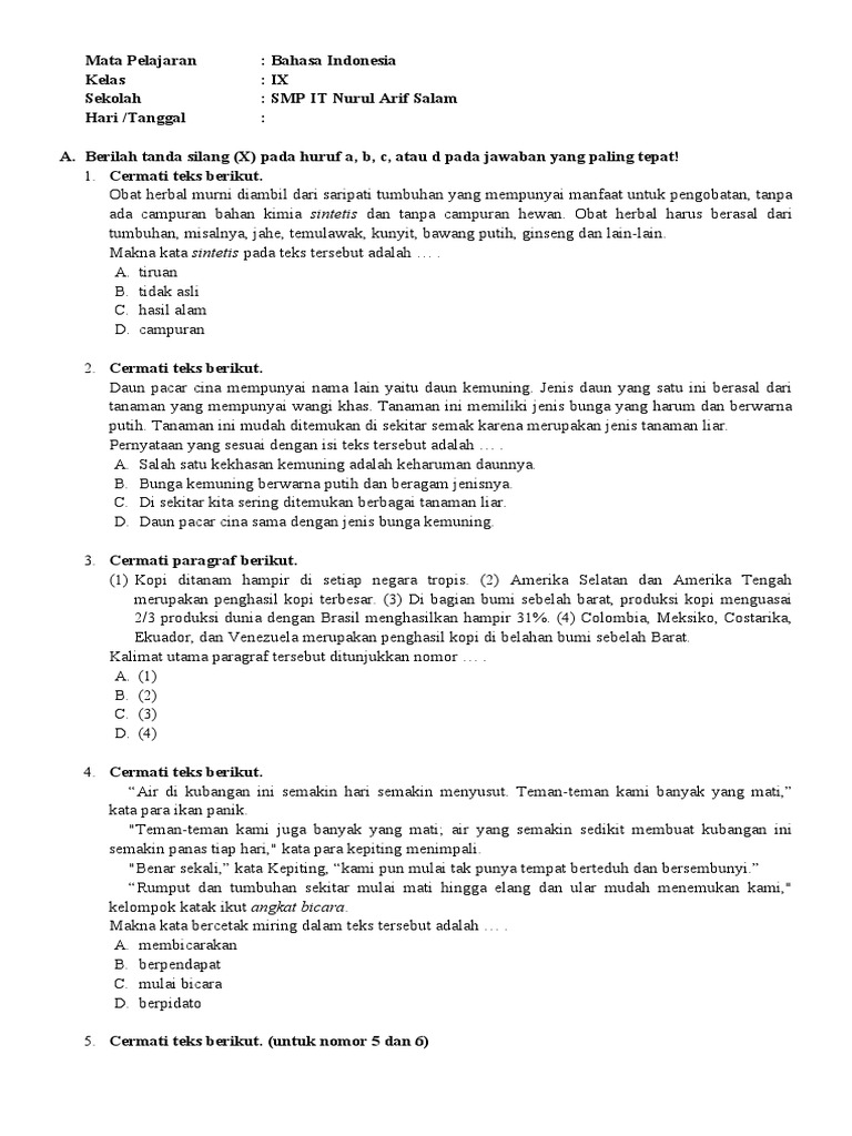 Soal Pas Bahasa Indonesia Kelas 9 | PDF