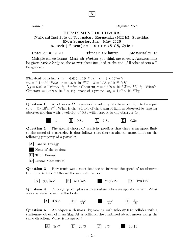 Physics Quiz | PDF | Electronvolt | Kinetic Energy
