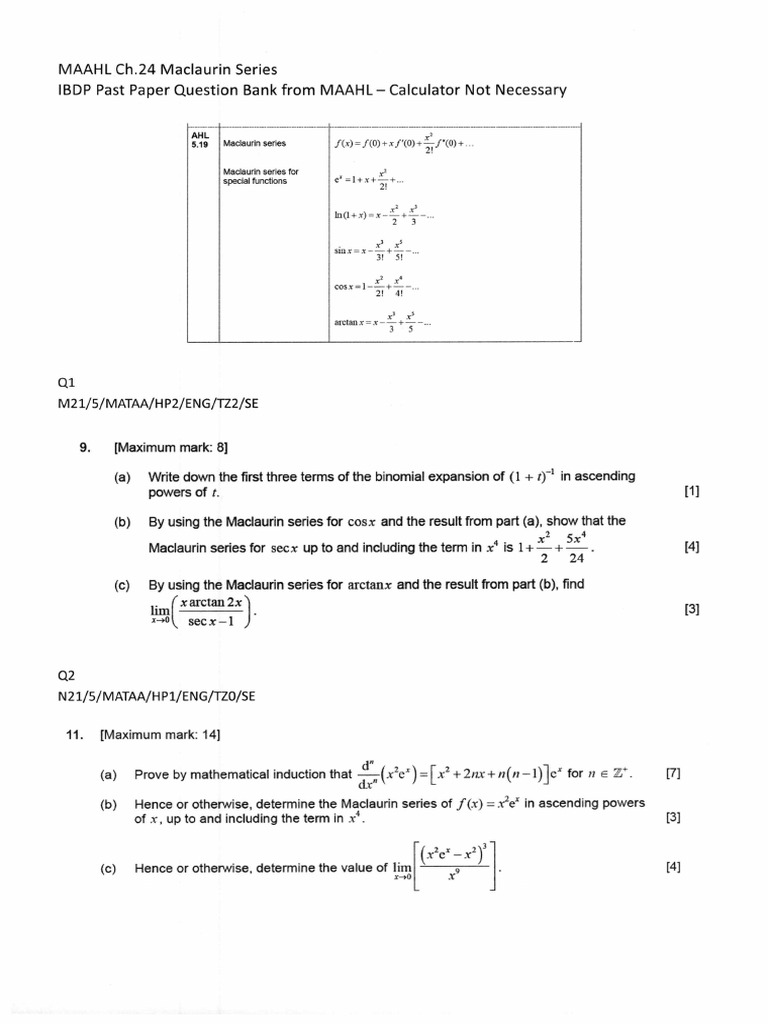 IBDP Question Bank AA HL Ch.24 Maclaurin Series From MAAHL Past Paper ...