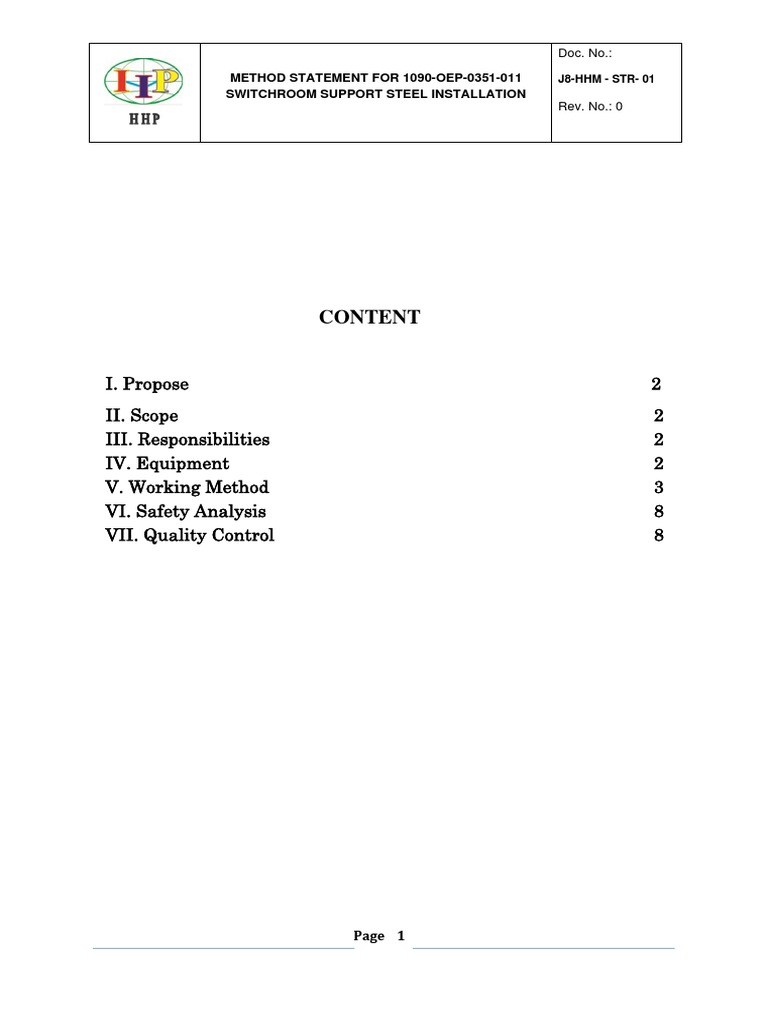 Switchroom Steel Installation Method Statement | PDF | Quality Assurance